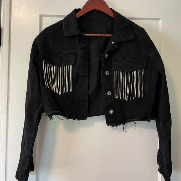 SHEIN | Jackets & Coats | Shein Fringe Trim Raw Hem Crop Denim Jacket ...
